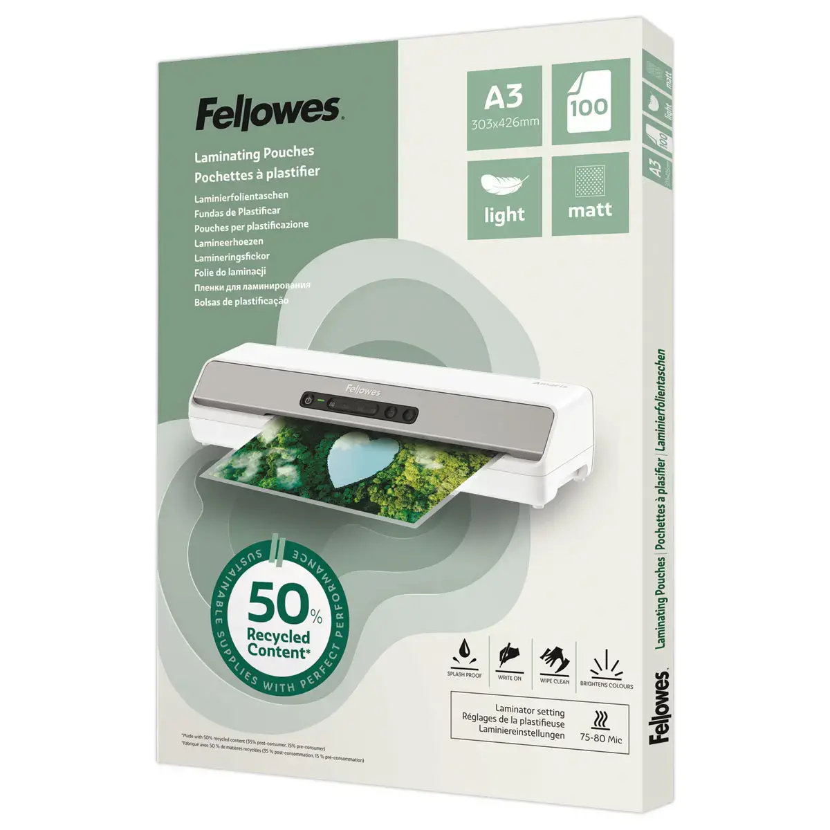 100 Pochettes Plastifiées A3 Mat - 80 microns - FELLOWES